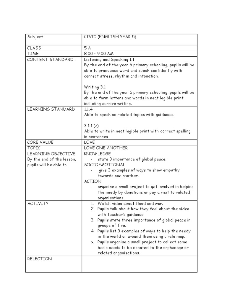 Lesson Plan For Civic Topic Love | PDF | Science & Mathematics