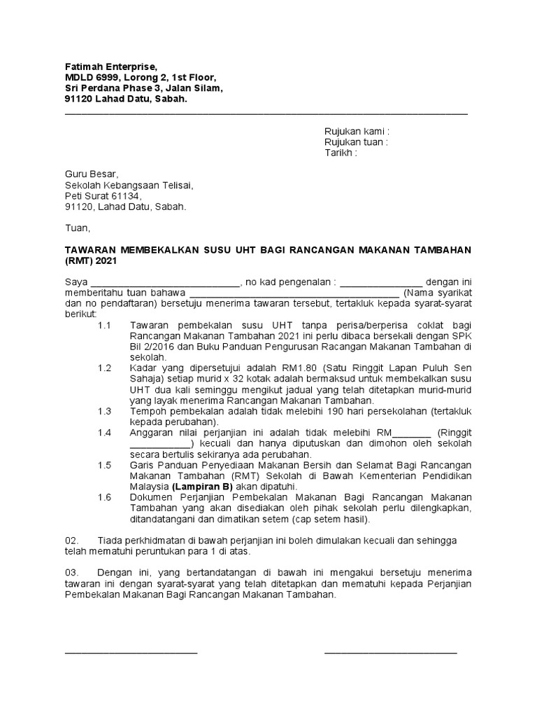 Surat Setuju Terima Susu RMT Dari Kantin | PDF