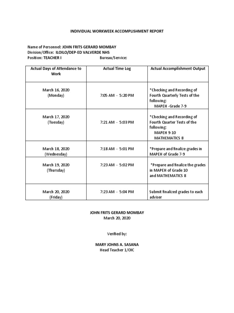 Individual Workweek Accomplishment Report | PDF | Workweek And Weekend ...