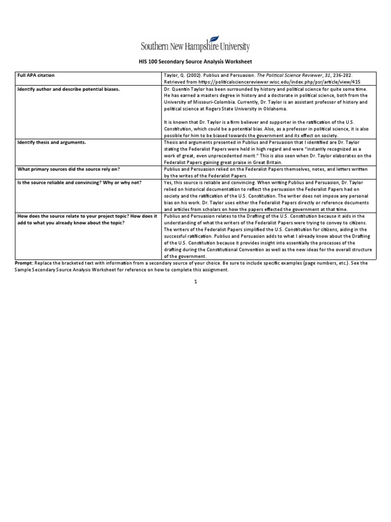 HIS 100 Secondary Source Analysis Worksheet | PDF | The Federalist ...