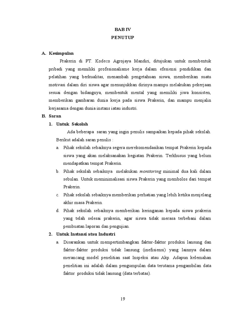 Kesimpulan dan Saran Prakerin di PT Kodeco Agrojaya Mandiri | PDF