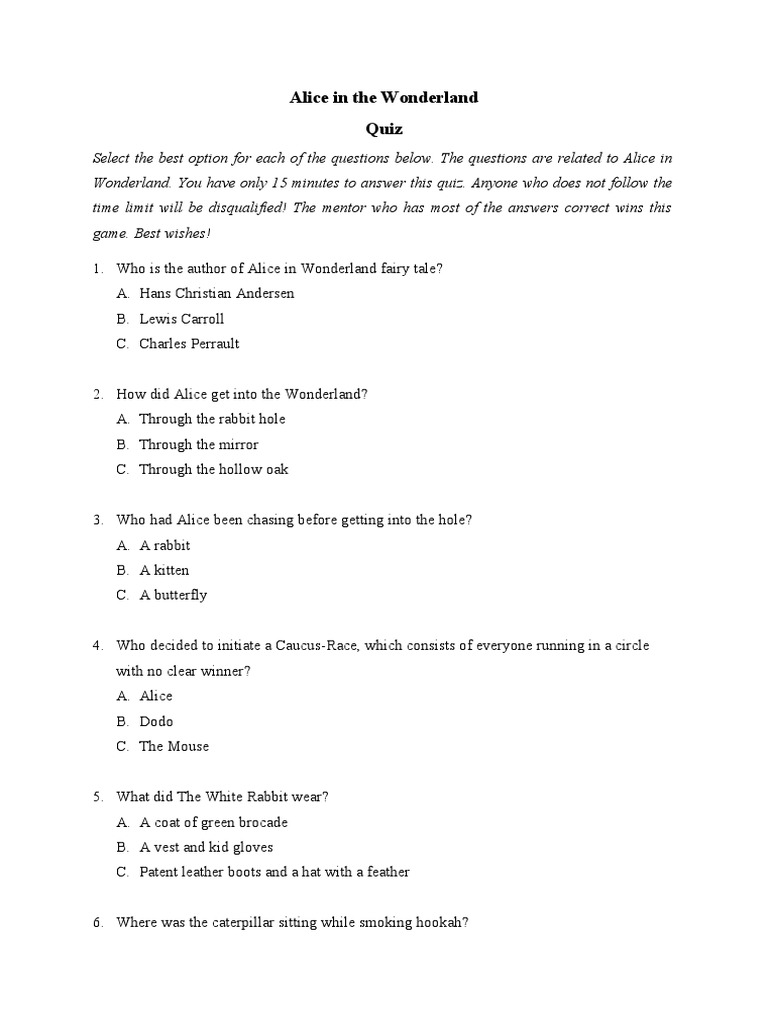 Alice in The Wonderland-Quiz | PDF