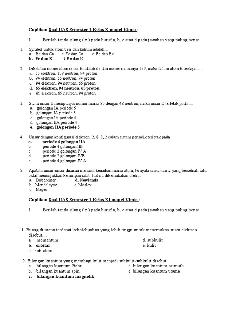Cuplikan Soal UAS Semester 1 Kelas X Mapel Kimia | PDF