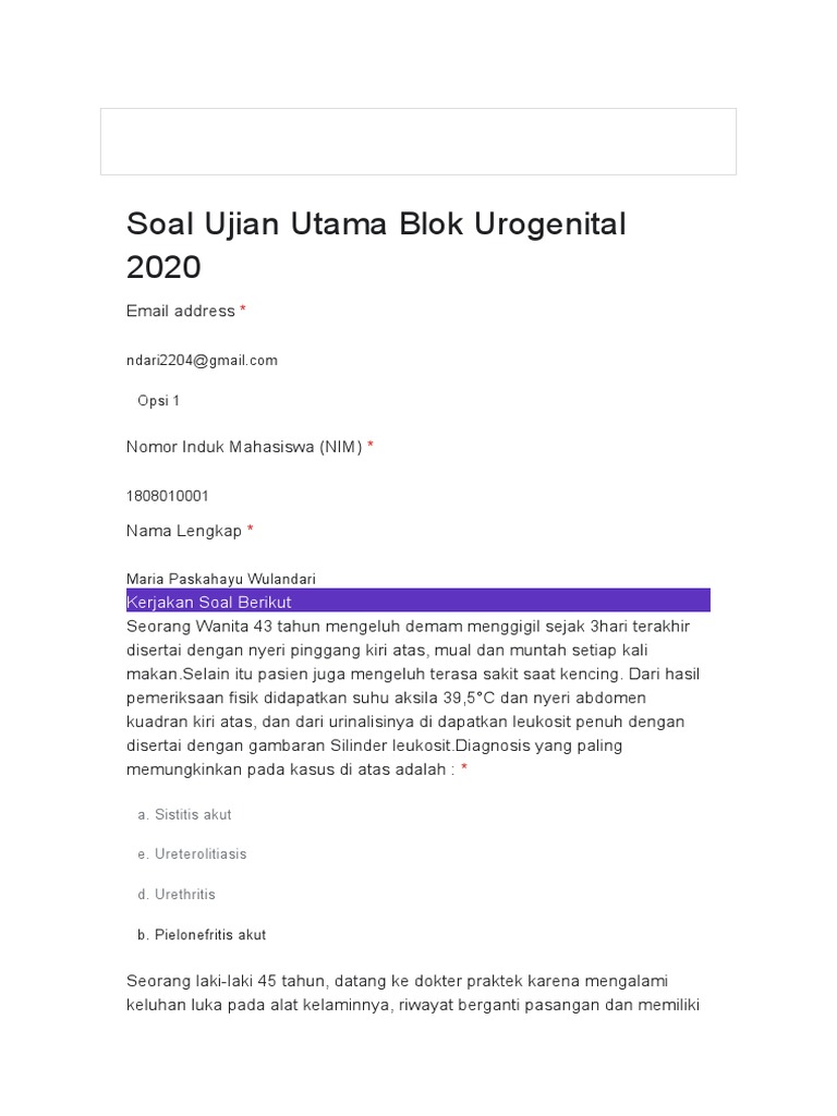 NDARI Soal Ujian Utama Blok Urogenital 2020 | PDF