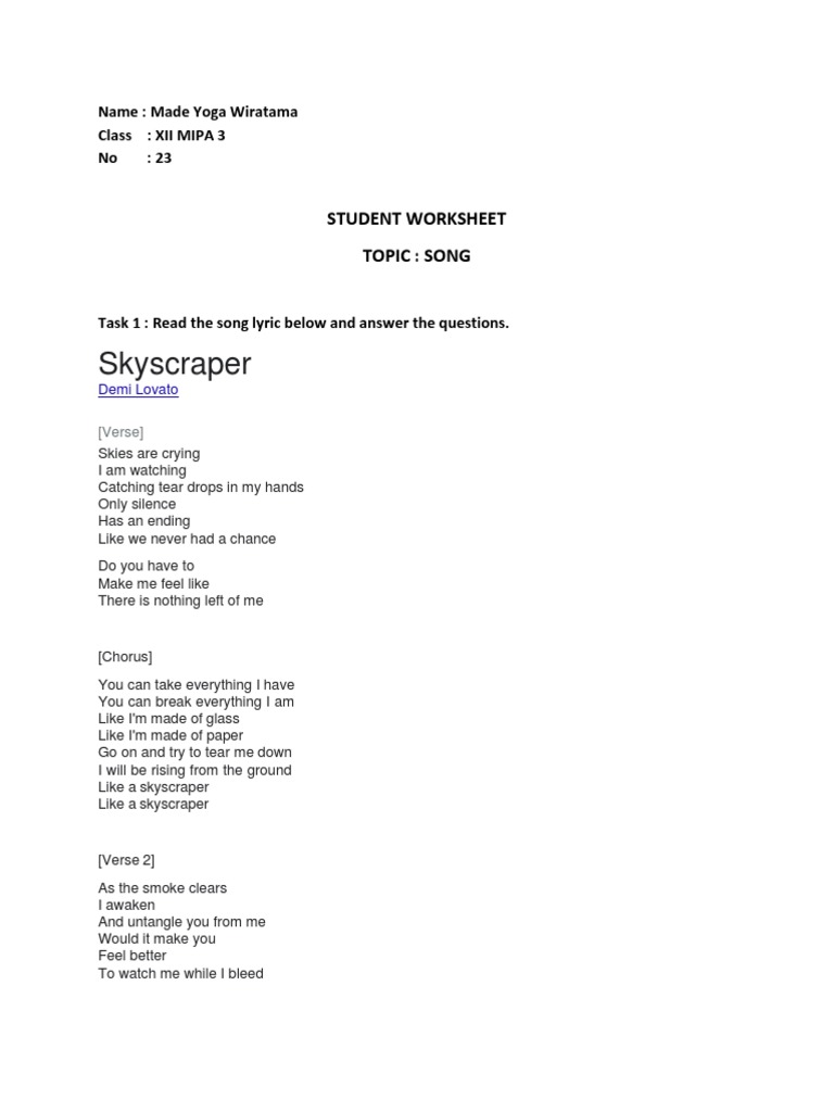 Skyscraper: Student Worksheet Topic: Song | PDF | Linguistics | Syntax