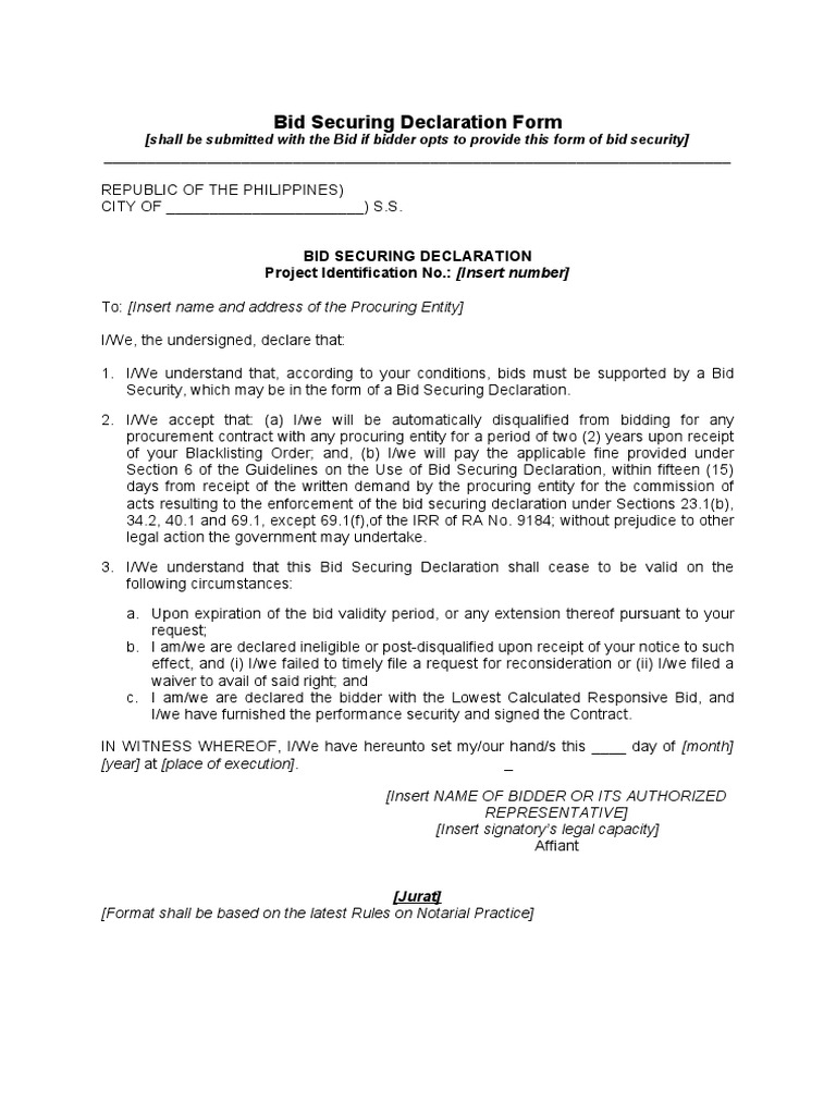 Bid Securing Declaration Form: (Shall Be Submitted With The Bid If ...