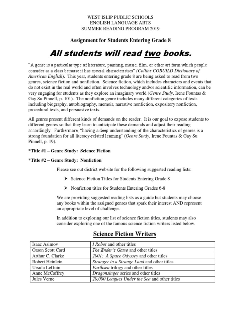 All Students Will Read Two Books.: Assignment For Students Entering ...