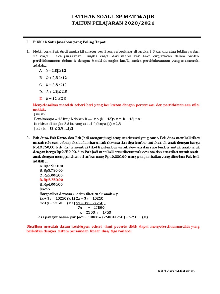 Latihan Soal Usp Mat Wajib | PDF