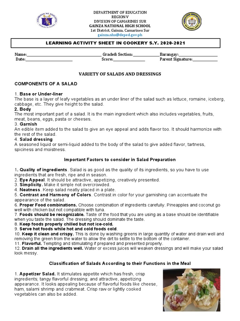 Activity Sheet in Cookery | PDF | Mayonnaise | Salad