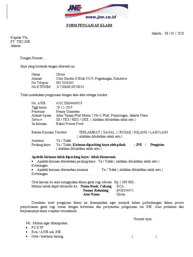 Form Klaim JNE | PDF
