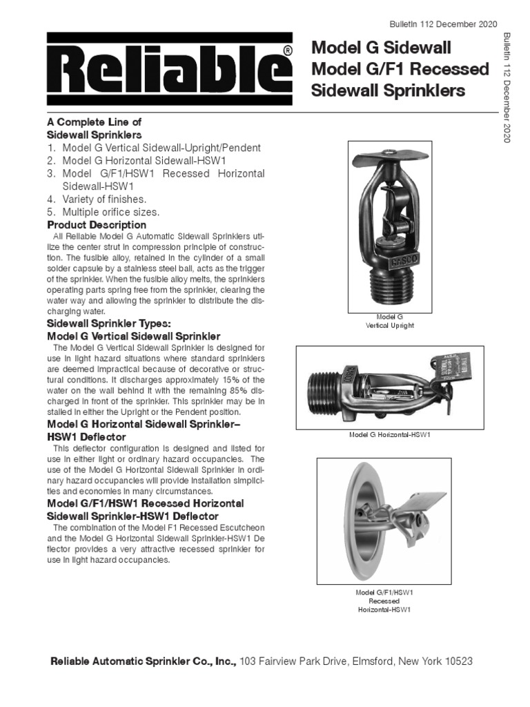 Model G Sidewall Model G/F1 Recessed Sidewall Sprinklers | PDF ...