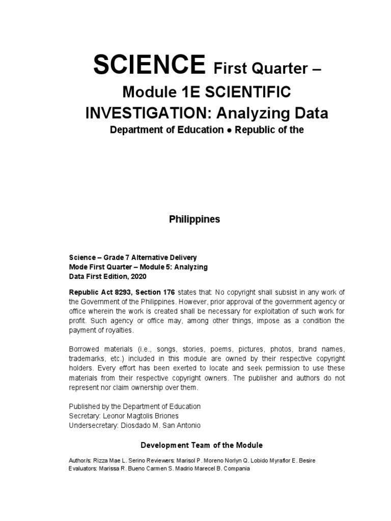 Science: First Quarter - Module 1E Scientific INVESTIGATION: Analyzing ...