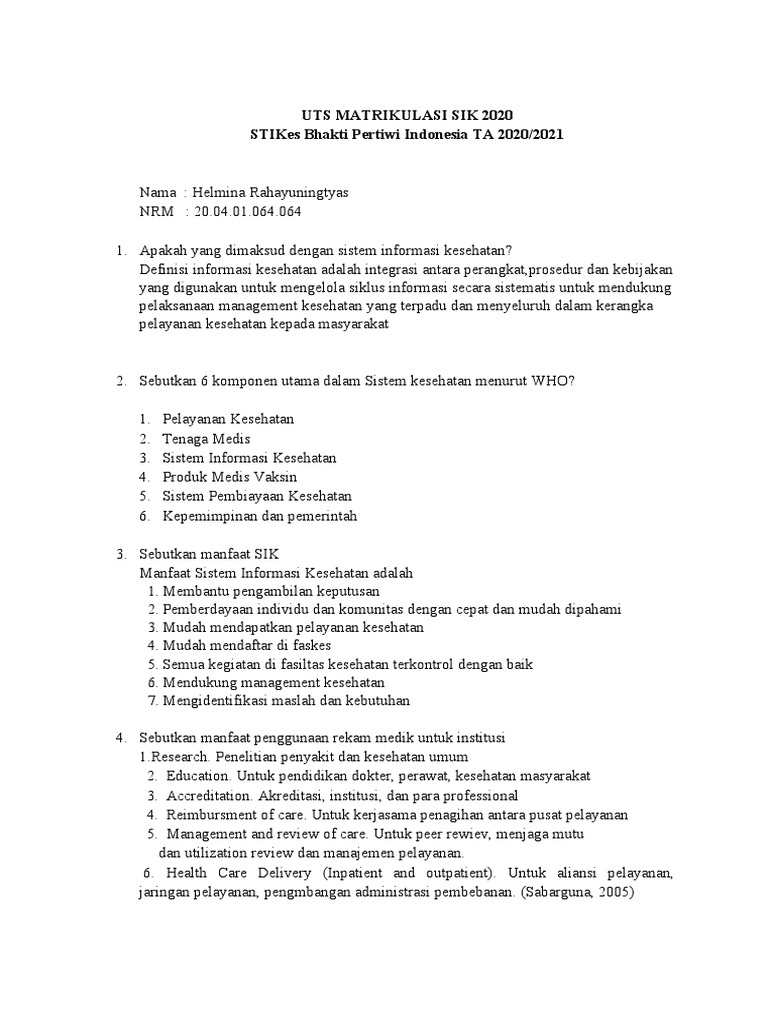 Uts Sik Matrikulasi | PDF