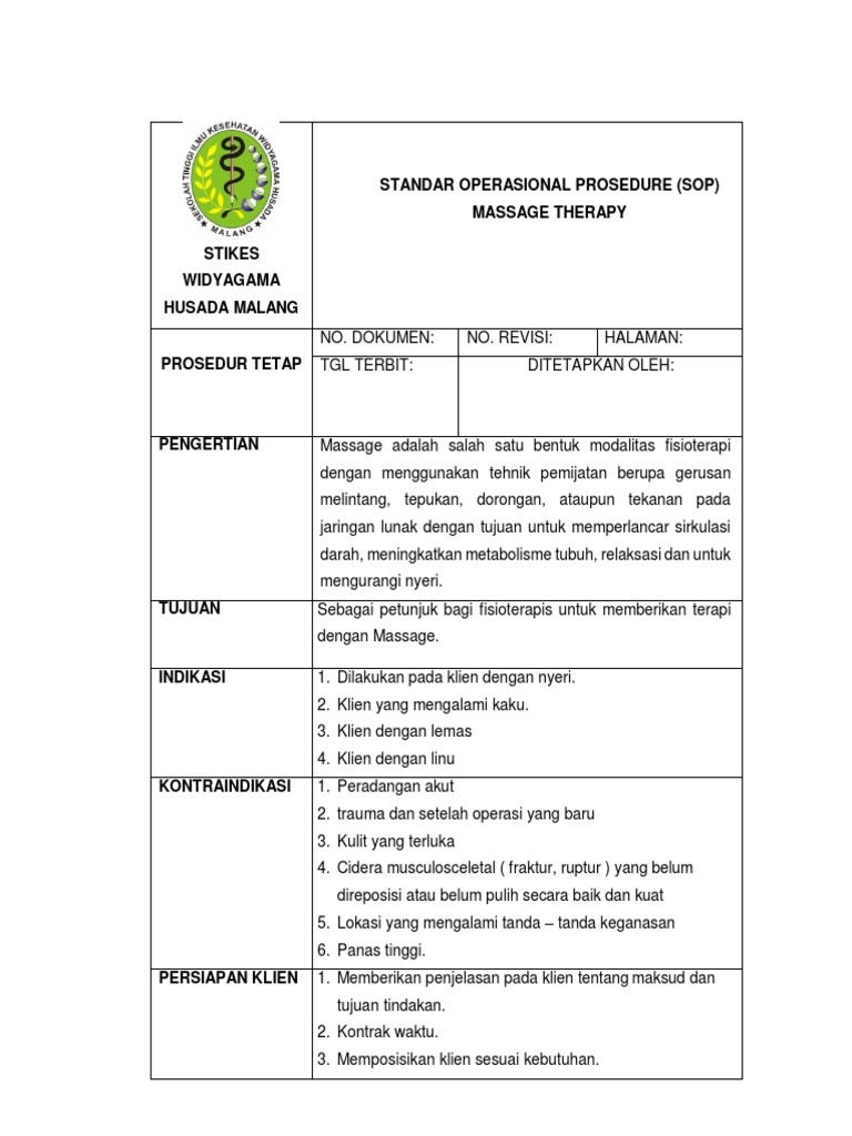 Standar Operasional Prosedure (Sop) Massage Therapy | PDF