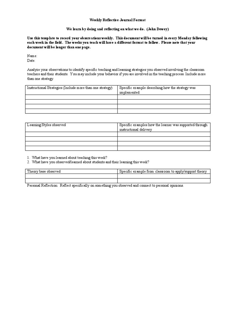 Weekly Reflective Journal Format | Download Free PDF | Learning Styles ...