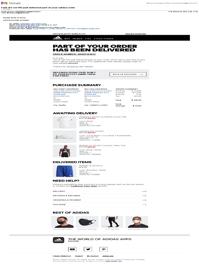 Account: FWD: It's On! We Just Delivered Part of Your Adidas Order ...