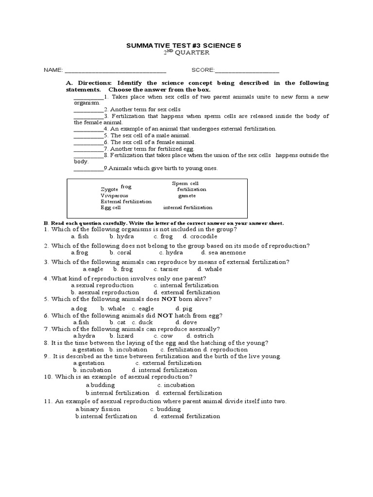 Q2 Science 5 Summative Test | PDF | Fertilisation | Reproduction