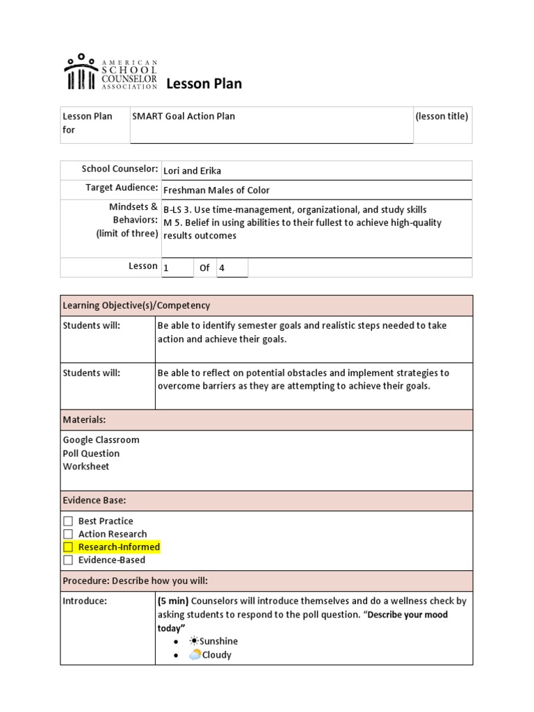 Lesson Plan-Smart Goal Action Plan | PDF | School Counselor | Goal