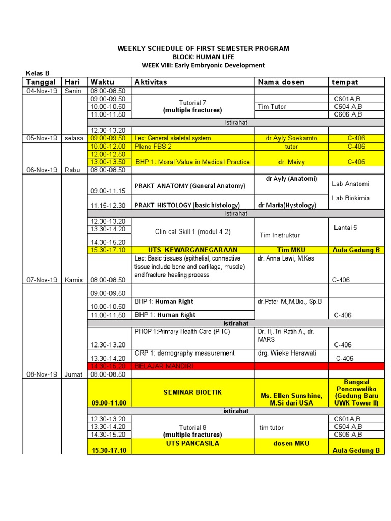 First Semester Weekly Schedule: Week VIII | PDF | Anatomy | Histology