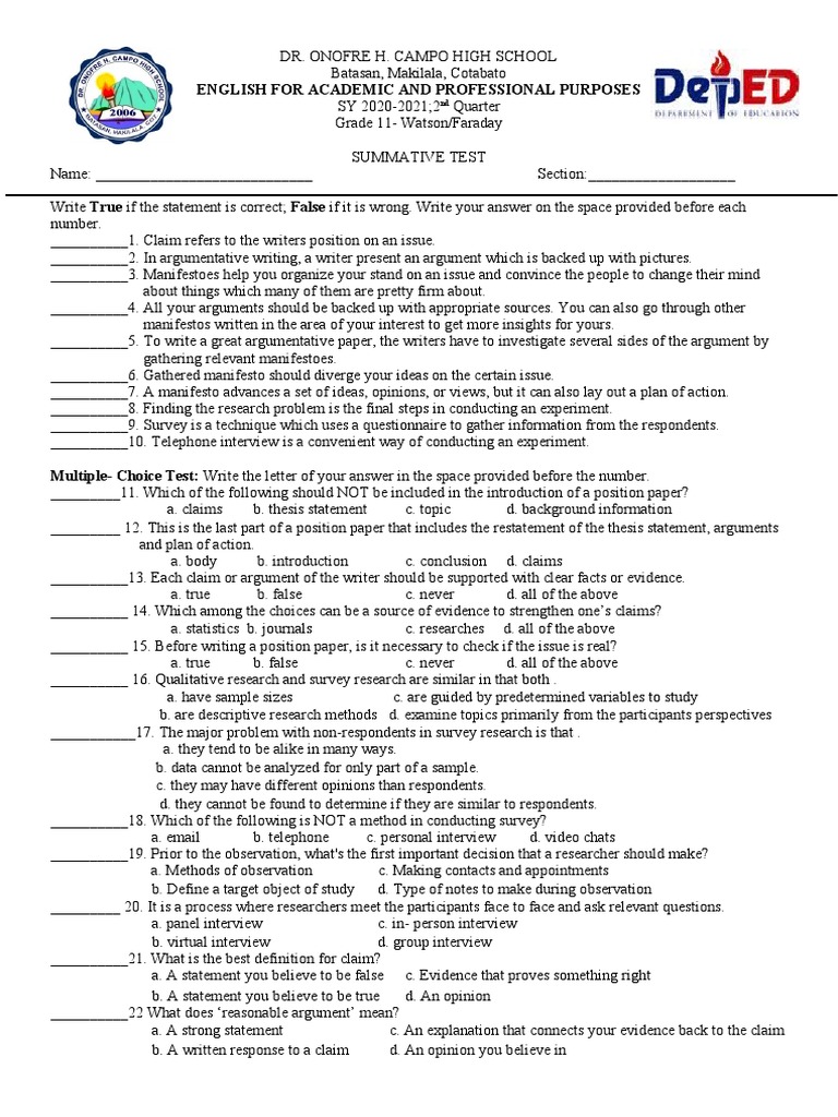 EAPP 2nd Quarter Summative | PDF | Survey Methodology | Argument