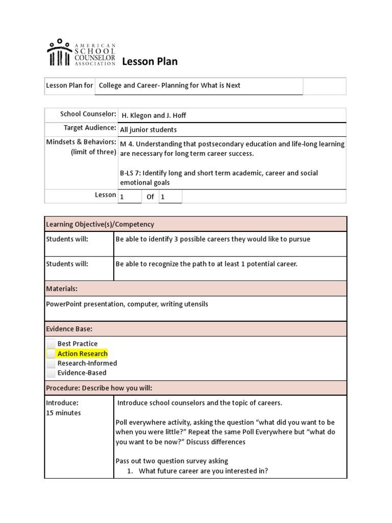 Career Planning Lesson for Juniors | PDF | Lesson Plan | School Counselor