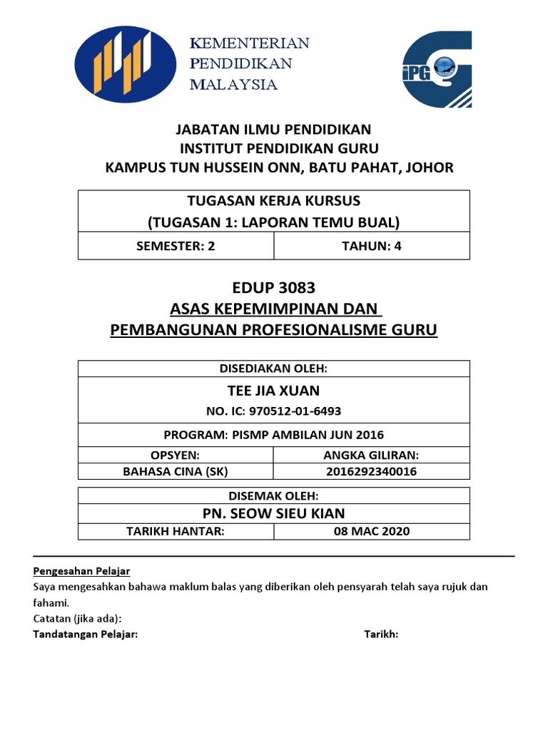 Muka Surat Depan Assignment EDUP 3083 (Tugasan 1) | PDF