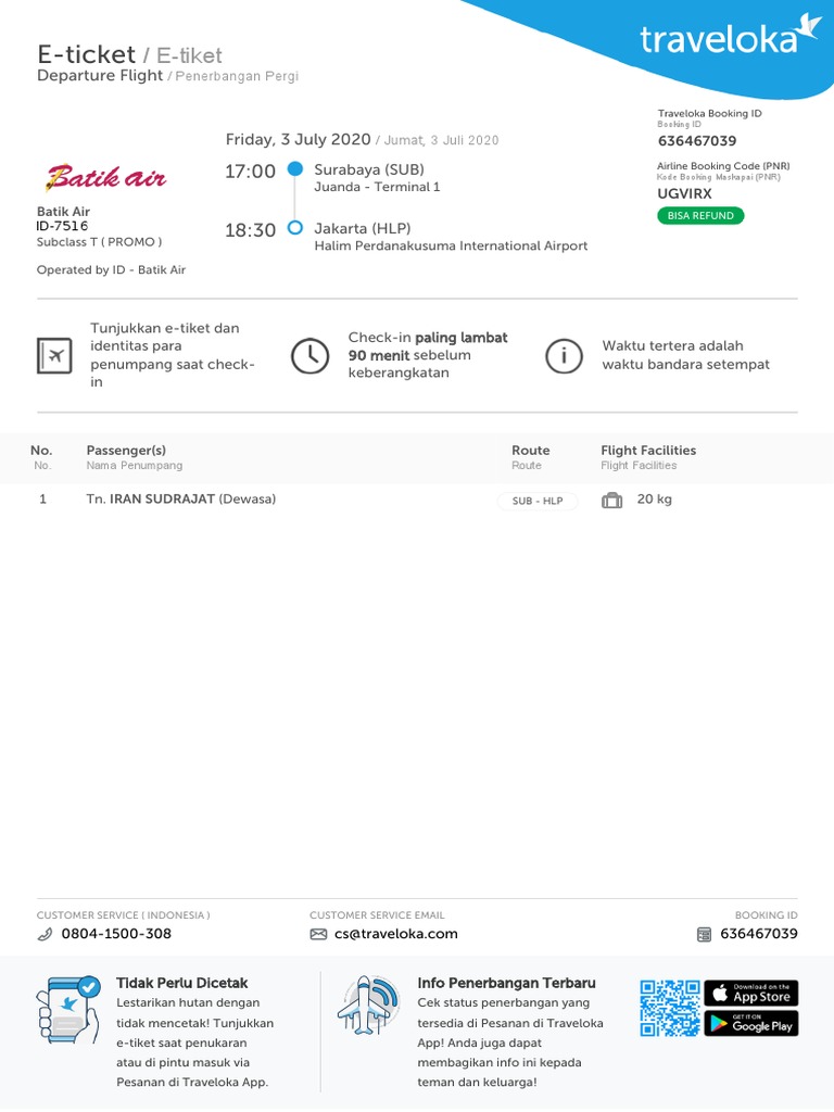 Contoh Tiket Batik Air SUB-HLP | PDF