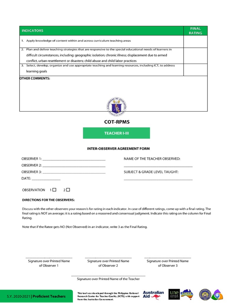 COT RPMS Inter Observer Agreement Form For T I III For SY 2020 2021 in ...