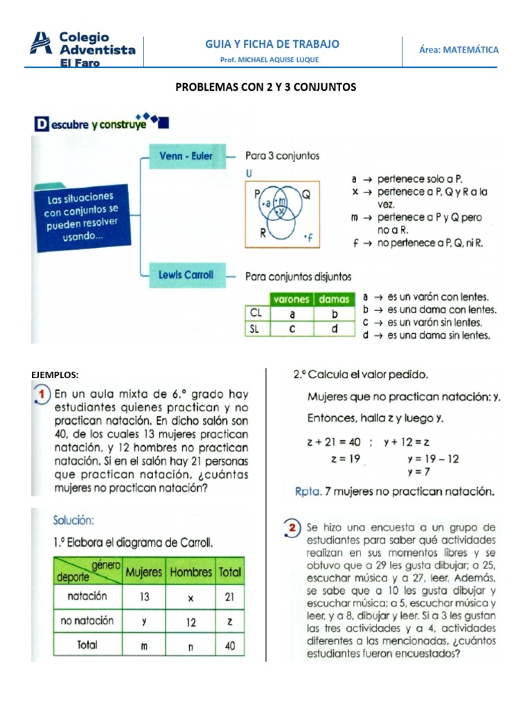 6 SEMANA - Guia y Ficha 6to Primaria - Problemas Con Tres Conjuntos | PDF | Aritmética | Álgebra