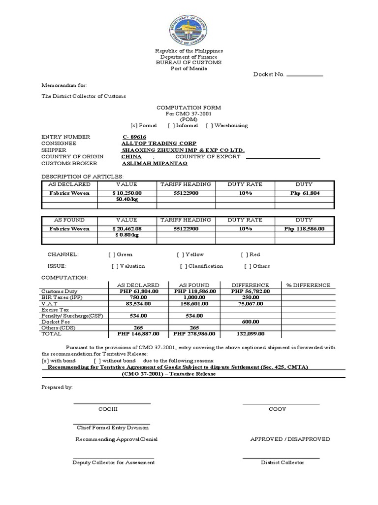Philippines Customs Duty Computation Form | PDF | Government Finances ...