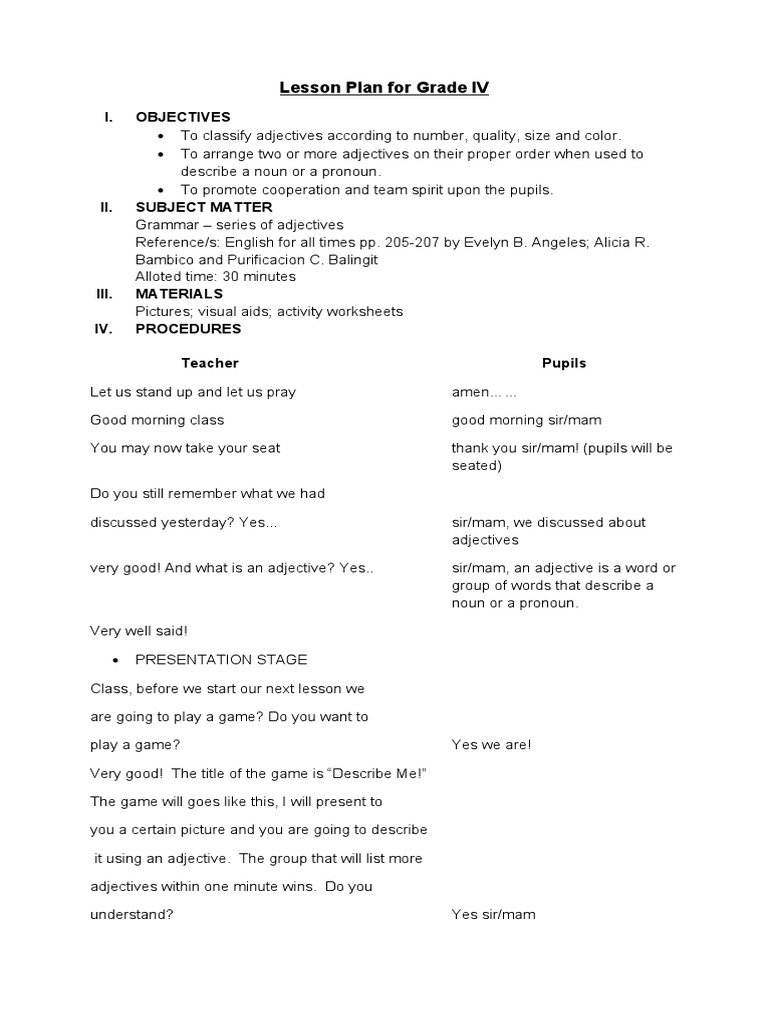 Lesson Plan For Grade IV | PDF | Adjective | Noun