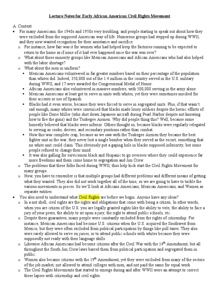 Lecture Notes For Early African American Civil Rights Movement | PDF ...