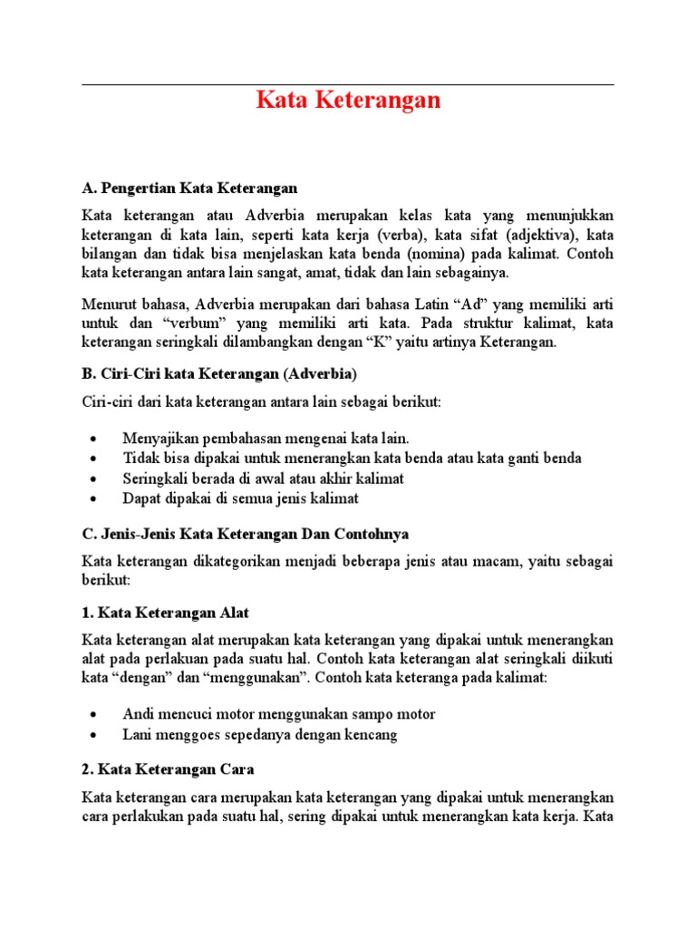 Jenis-Jenis Kata Keterangan dan Contoh Penggunaannya | PDF