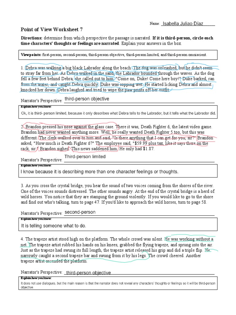 Point of View Worksheet | PDF | Narration
