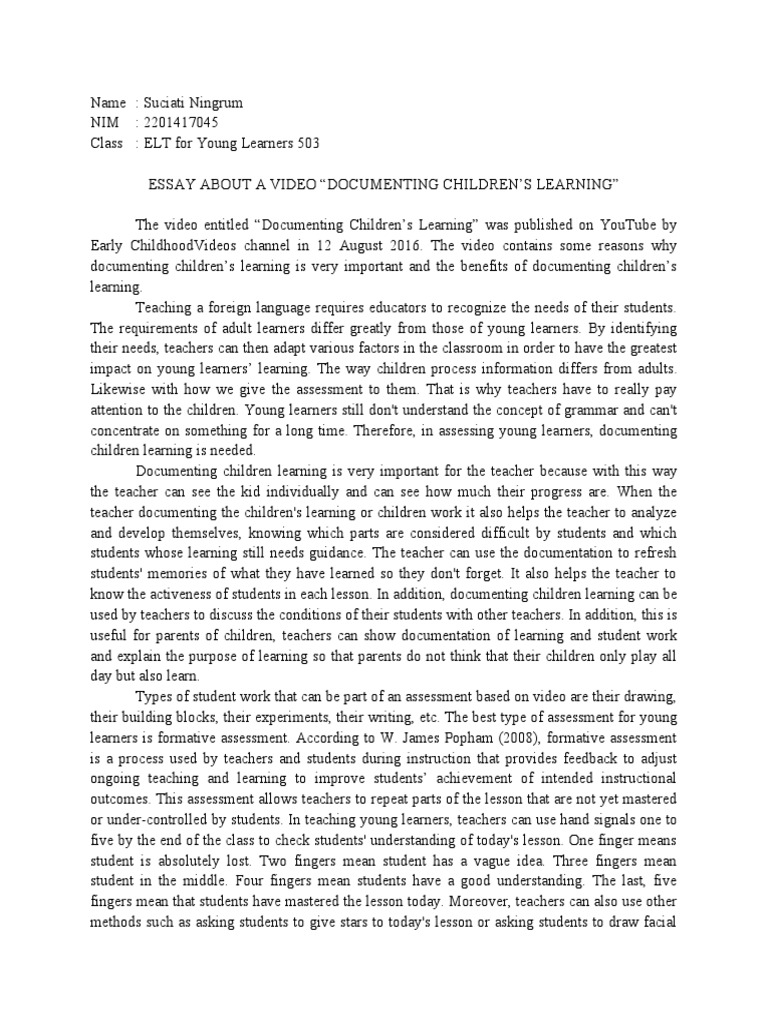 ELTfYL503 - 2201417045 - Suciati Ningrum - Essay Documenting Children Learning | PDF | Teachers ...