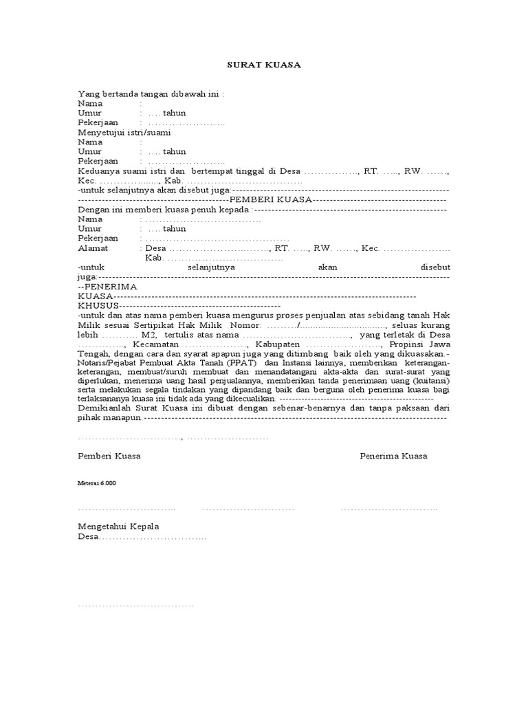 Contoh Surat Kuasa Lengkap dan Praktis | PDF