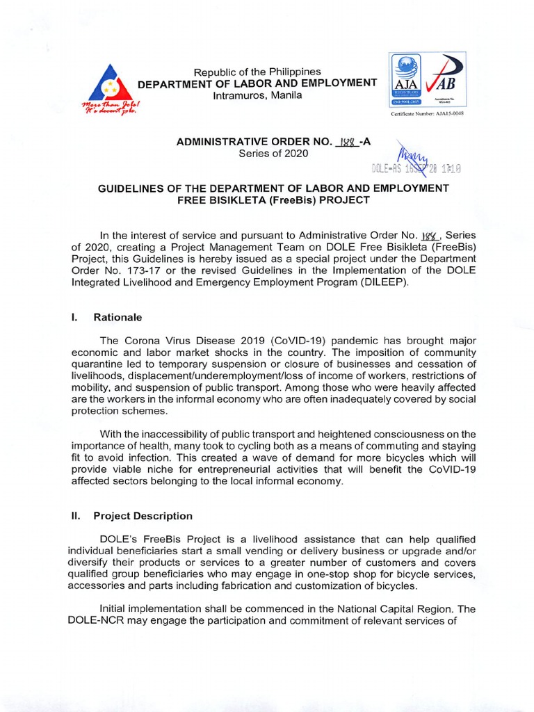 AO 188 A-20 Guidelines of The DOLE's Free Bisikleta (FreeBis) Project | PDF