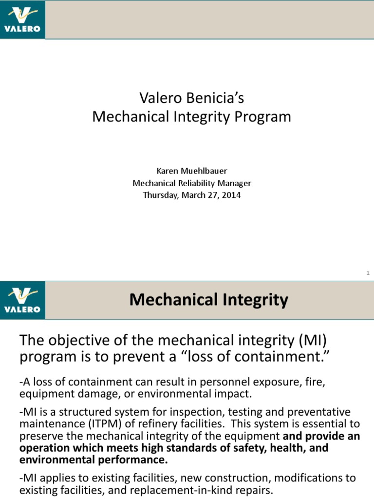 Valero Benicia's Mechanical Integrity Program: Karen Muehlbauer ...