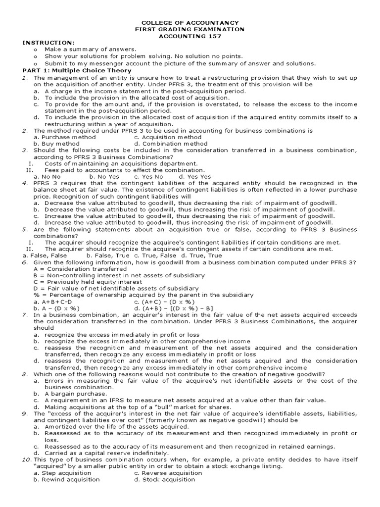 157 First Grading Exam | PDF | Goodwill (Accounting) | Mergers And ...