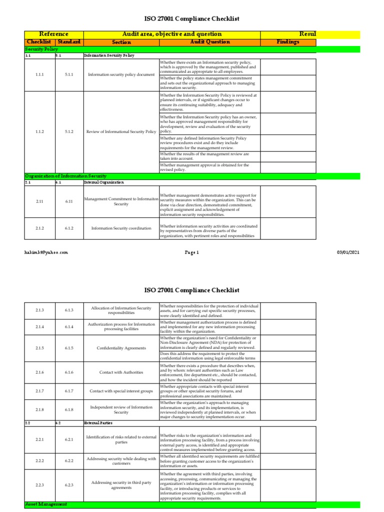 ISO 27001 Compliance Checklist Reference Audit Area, Objective and Question Results | PDF ...