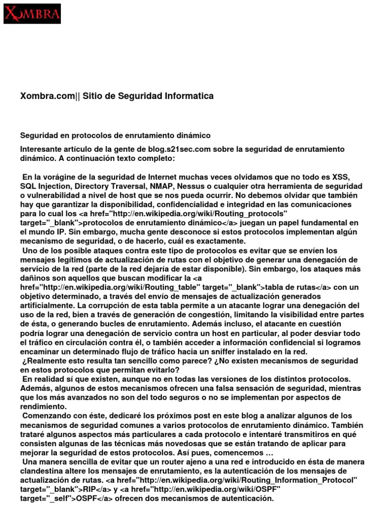 Xombra Seguridad en Protocolos de Enrutamiento Dinamico | PDF | Enrutador (Computación ...