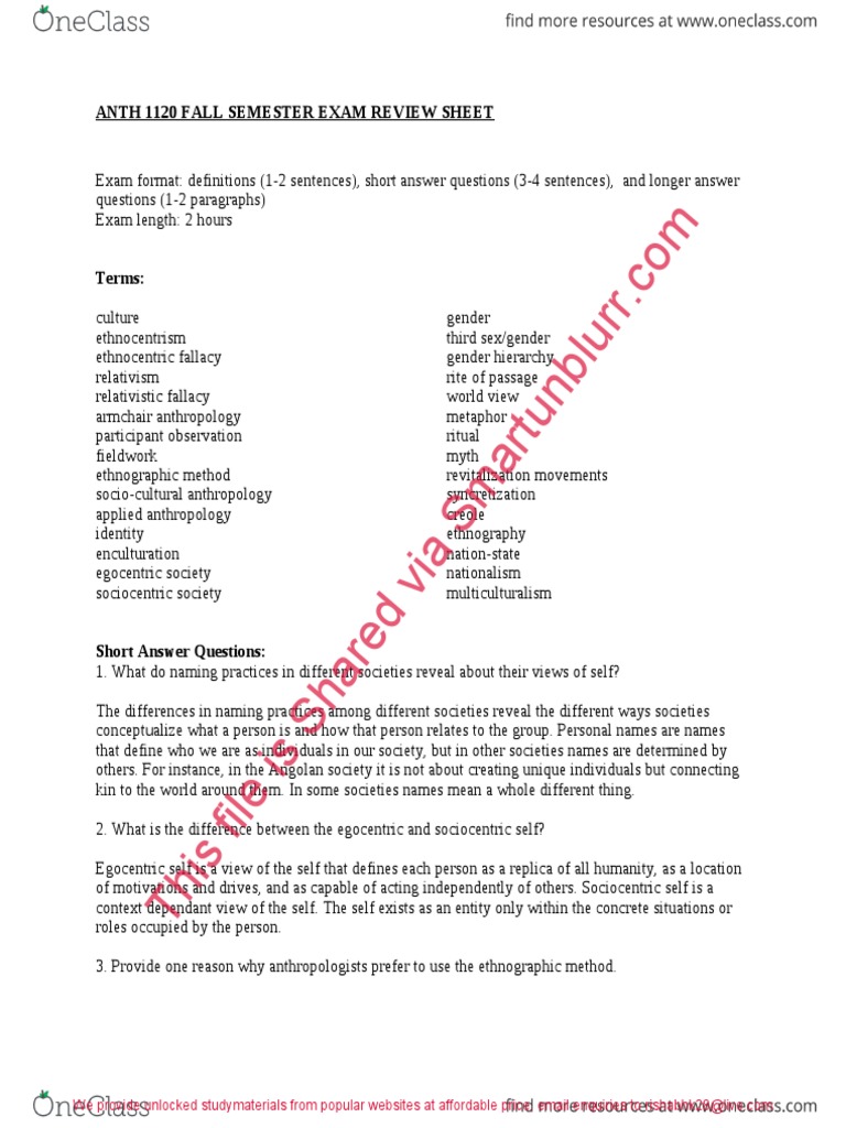 Anth 1120 Fall Semester Exam Review Sheet | PDF | Cultural Anthropology | Gender