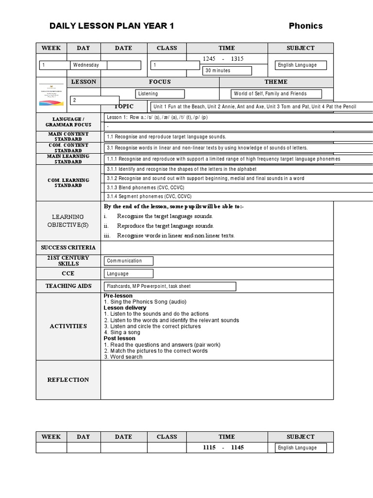Year 1 Phonics Daily Lesson Plan | PDF | Phonics | Word