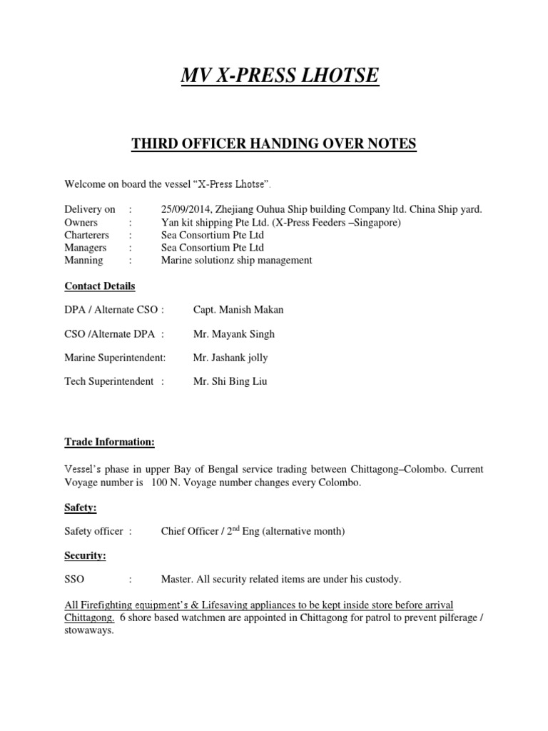 MV X-Press Lhotse - 3RD Officer Handing Over Notes | PDF | Equipment ...
