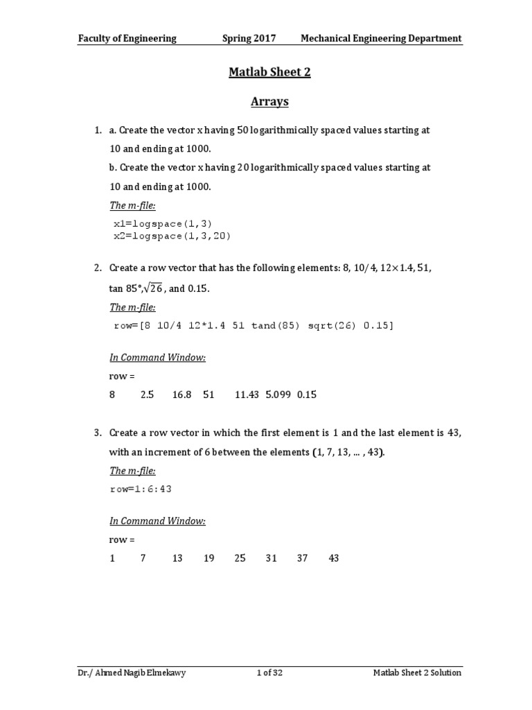 Matlab Sheet 2 Solution | PDF | Matrix (Mathematics) | Belt (Mechanical)