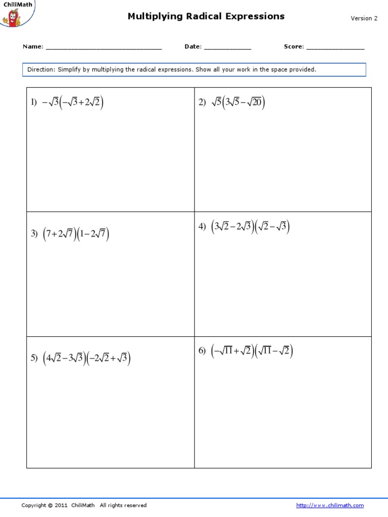 Worksheets Multiplying Radical Expressions Version 2 | PDF