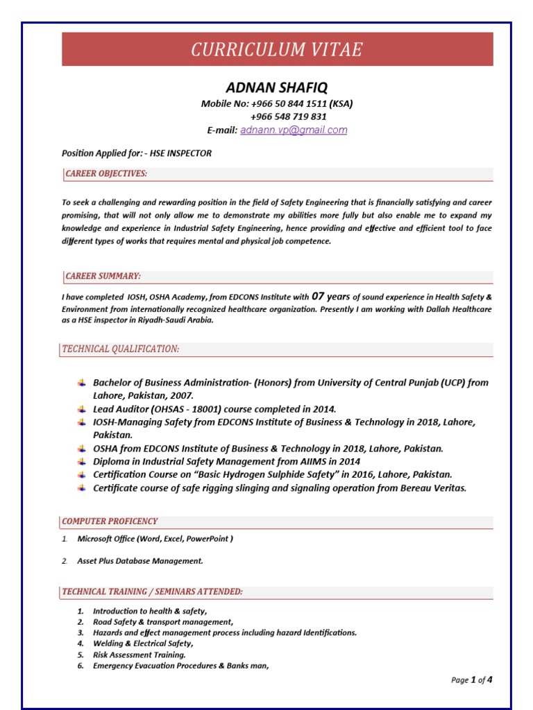 Curriculum Vitae: Adnan Shafiq | PDF | Occupational Safety And Health ...