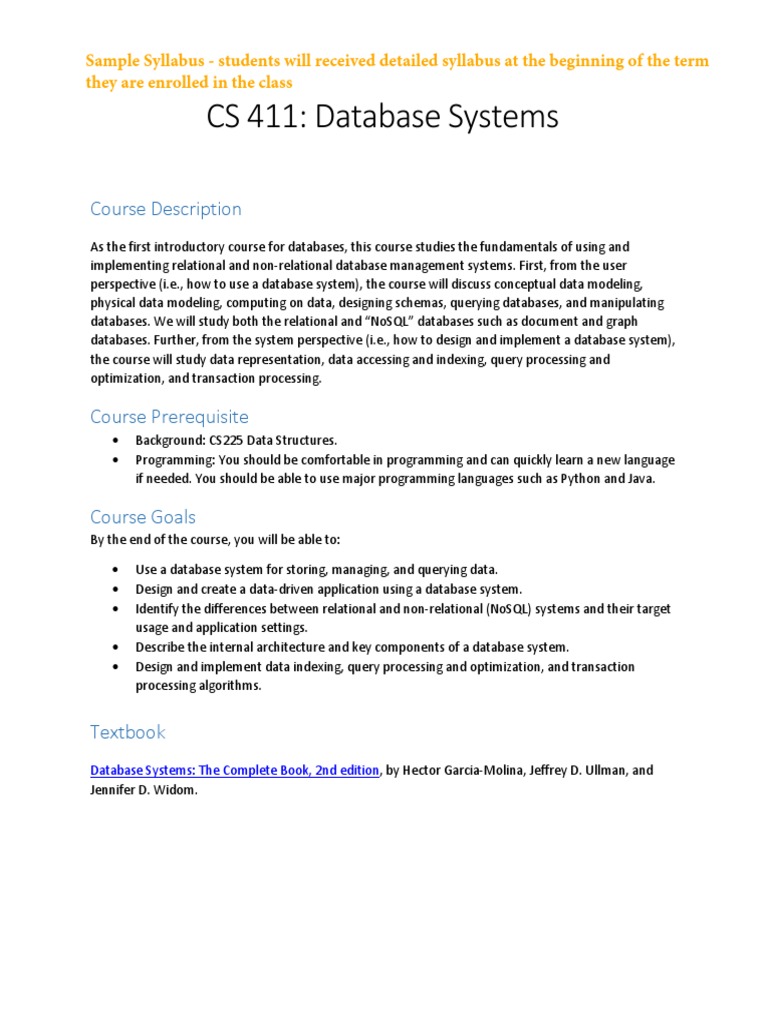 CS 411: Database Systems: Course Description | PDF | Relational Model | No Sql