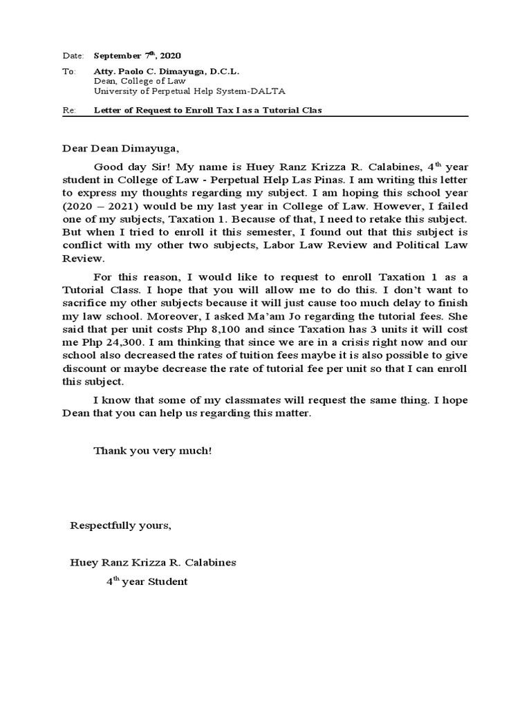 Tutorial Class Request Letter | PDF