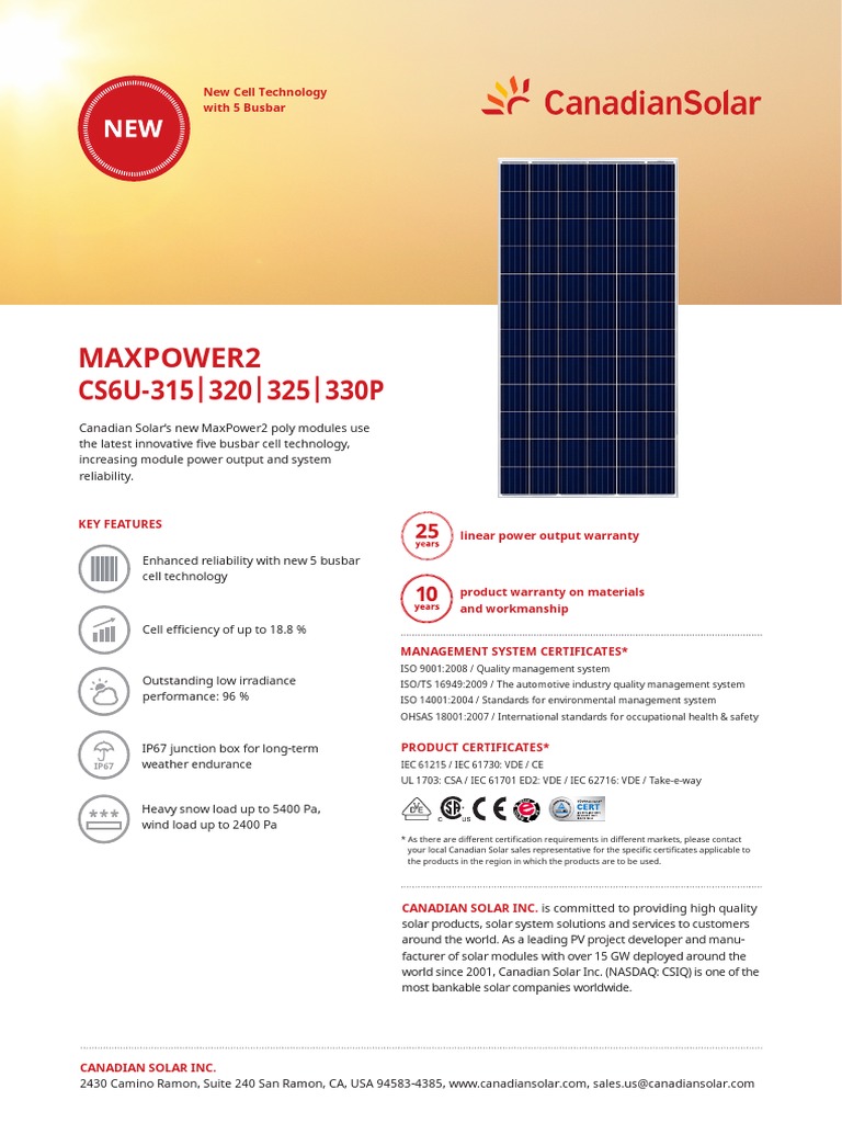 Canadian Solar Panel CS6U-330P | PDF | Photovoltaics | Solar Panel